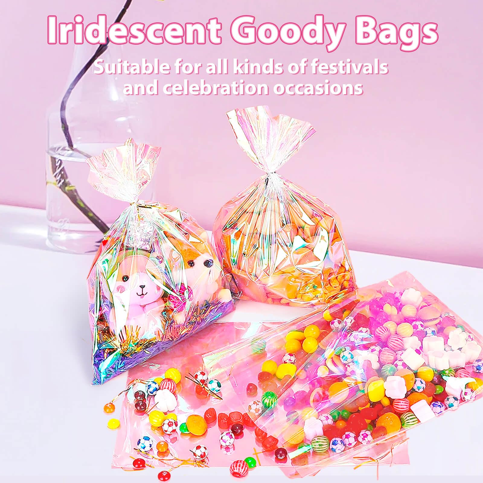 Cherodada Cellophane Treat Bags, 5x7 Inch Iridescent Cellophane Bags with Twist Ties, Celebrations Baby Showers Weddings Birthday Party Gift Wrapping(Pack of 100)