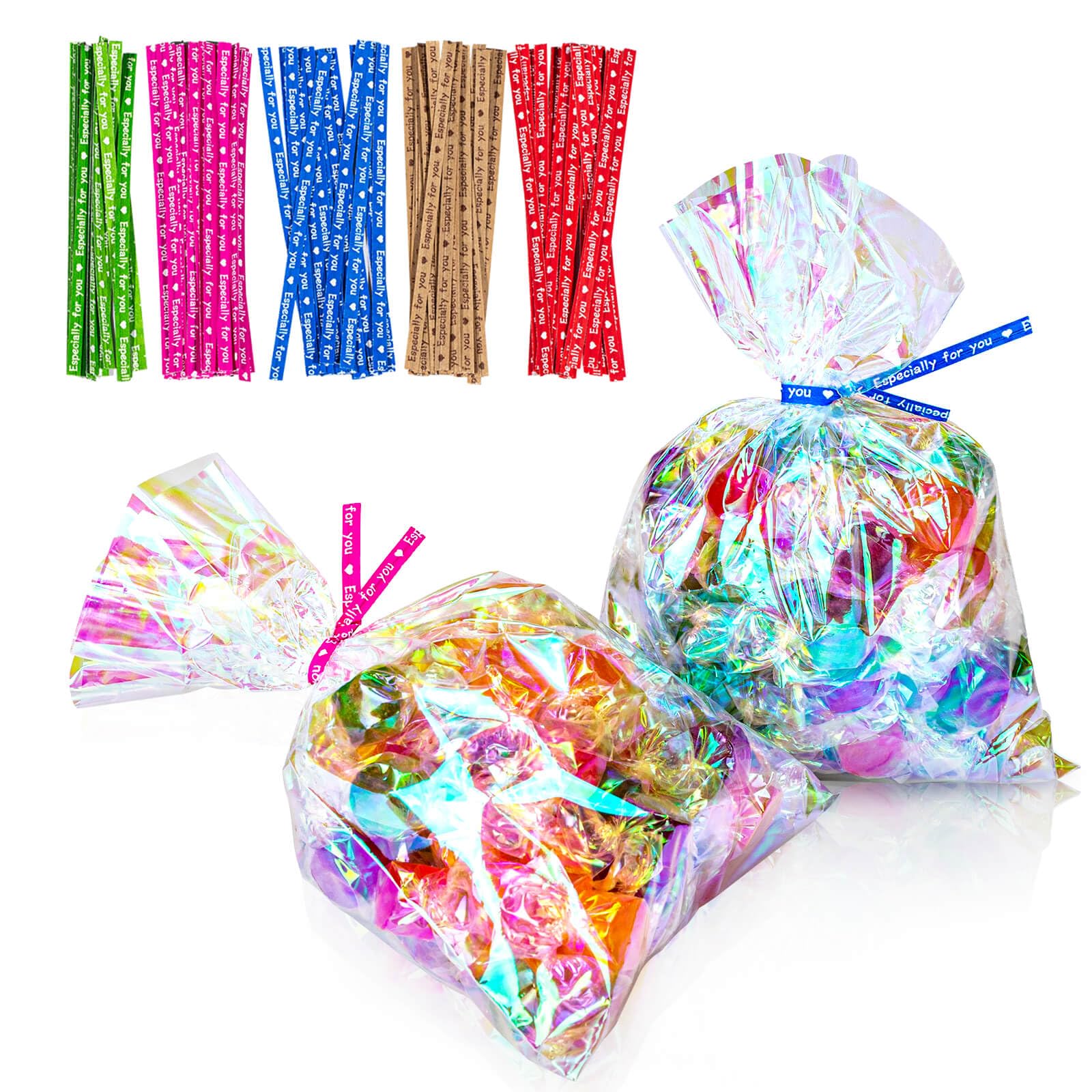 Cherodada Cellophane Treat Bags, 5x7 Inch Iridescent Cellophane Bags with Twist Ties, Celebrations Baby Showers Weddings Birthday Party Gift Wrapping(Pack of 100)