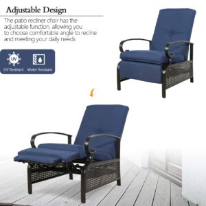 Ulax furniture Outdoor Recliner Adjustable Metal Patio Reclining Lounge Recliner Sofa Chair with Removable 100% Olefin Cushion (Navy)