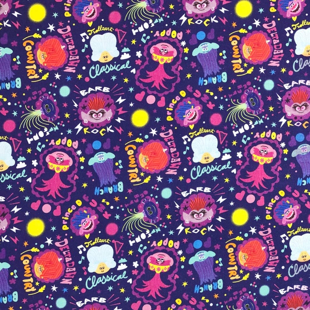 Fat Quarter - Troll Party Characters Hot Pink on Dark Purple Cotton Fabric - 18" x 22"