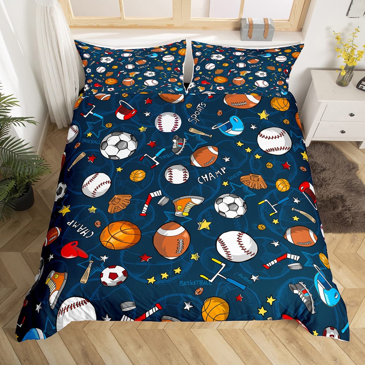 Football Bedding Sets Basketball Baseball Rugby Reversible Comforter Cover Set for Boys Teens Ball Sports Duvet Cover Soccer Football Game Volleyball Bedspread Cover Full Size,Soft Kids Room Decor