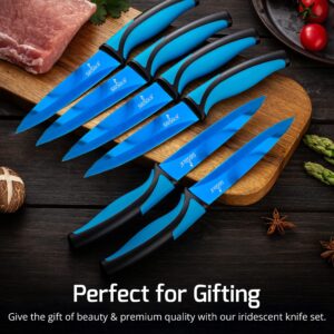 SiliSlick Stainless Steel Steak Knife Set - Titanium Coated Colorful Kitchen Knives with Straight Edge, Smooth & Sharp - Rainbow Iridescent Kitchen Gifts & Accessories