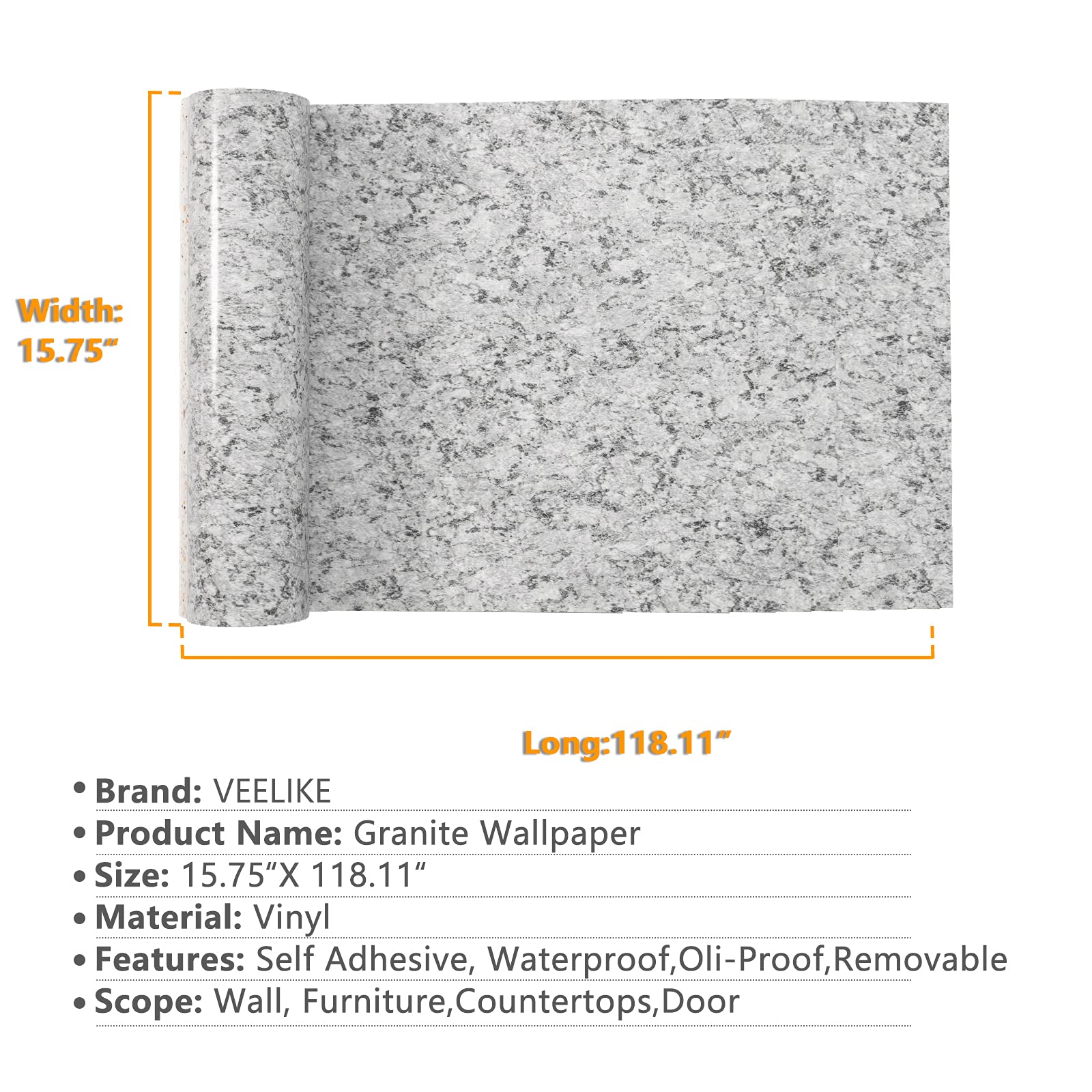 VEELIKE 15.7''x118'' Granite Contact Paper for Countertops Waterproof Self Adhesive Grey Granite Wallpaper Peel and Stick Countertops for Kitchen Bathroom Counter Top Removable Decorative Film Vinyl