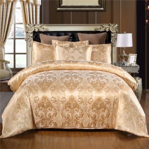 dencalleus jacquard satin duvet cover 3 piece set reversible luxury double brushed microfiber ultra soft king size silk like floral bedding comforter covers zipper closure and 2 pillow shams gold