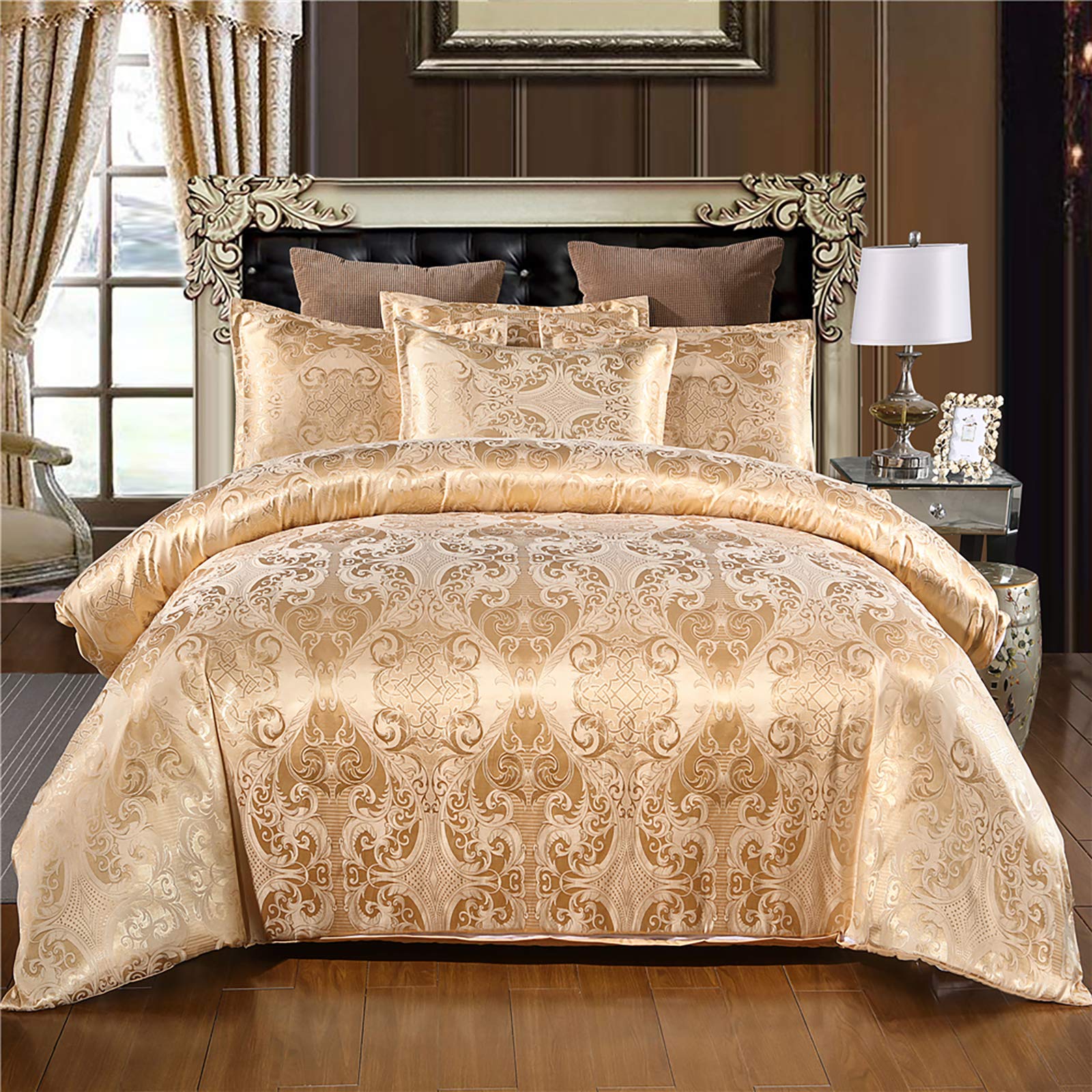 Dencalleus Jacquard Satin Duvet Cover 3 Piece Set Reversible Luxury Double Brushed Microfiber Ultra Soft King Size Silk Like Floral Bedding Comforter Covers Zipper Closure and 2 Pillow Shams Gold