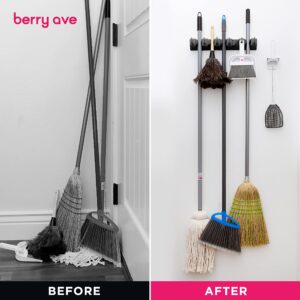 Berry Ave Broom Holder & Wall Mount Garden Tool Organizer- Kitchen, Closet, Garage & Laundry Room Storage w/ 5 Slots And 6 Hooks- Wall Holder For Broom, Rake & Mop Handles Up To 1.25” [Black, 4 Pack]