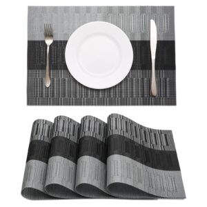 heloho black placemats set of 4, heat-resistant washable placemats non-slip vinyl woven table mats wipeable placemat for kitchen dining table decoration indoor outdoor