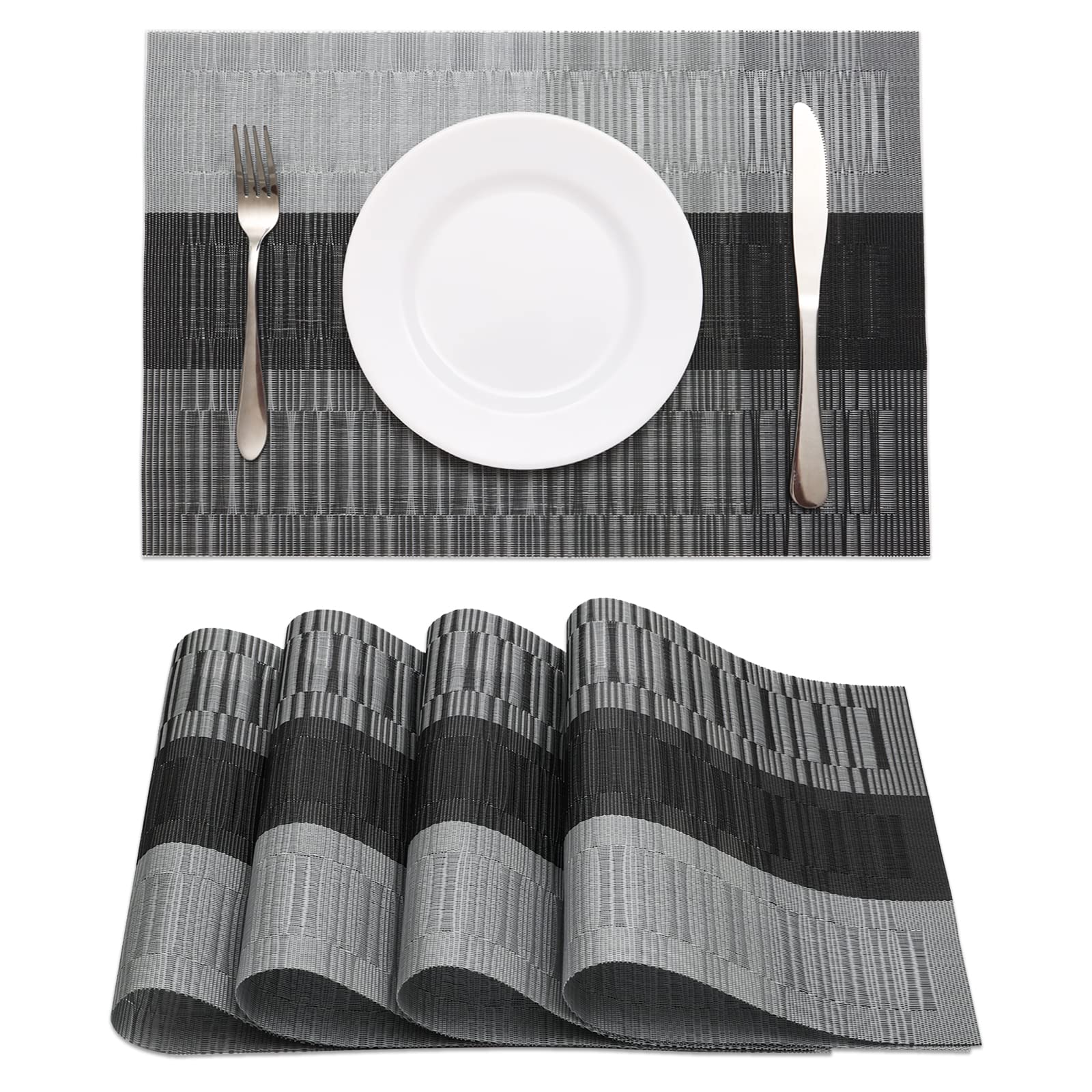 HeloHo Black Placemats Set of 4, Heat-Resistant Washable Placemats Non-Slip Vinyl Woven Table Mats Wipeable Placemat for Kitchen Dining Table Decoration Indoor Outdoor