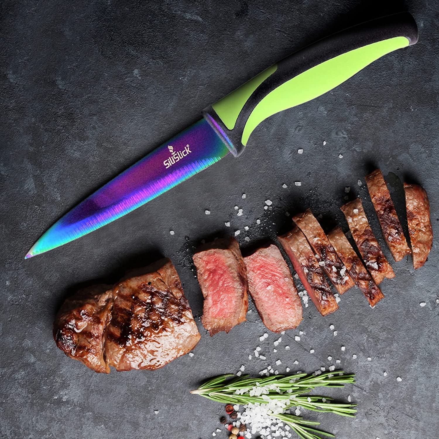 SiliSlick Stainless Steel Steak Knife Set - Titanium Coated Colorful Kitchen Knives with Straight Edge, Smooth & Sharp - Rainbow Iridescent Kitchen Gifts & Accessories