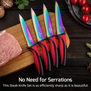 SiliSlick Stainless Steel Steak Knife Set - Titanium Coated Colorful Kitchen Knives with Straight Edge, Smooth & Sharp - Rainbow Iridescent Kitchen Gifts & Accessories