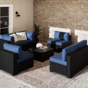 SUNLEI 7pcs Patio Conversation Sets Outdoor Furniture Sets, High Back All-Weather Rattan Sectional Sofa with Tea Table&Washable Couch Cushions(Black Rattan)（Blue）