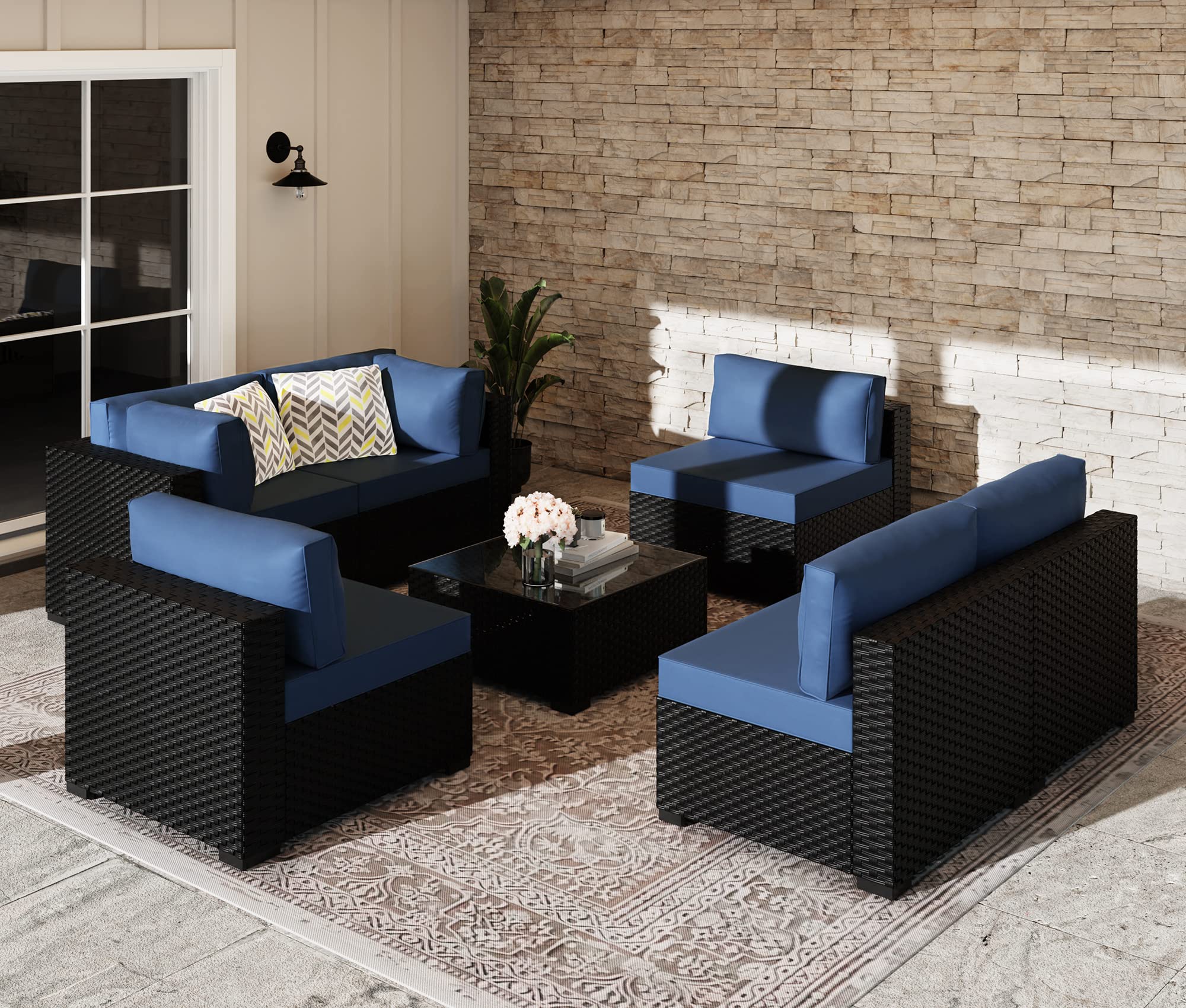 SUNLEI 7pcs Patio Conversation Sets Outdoor Furniture Sets, High Back All-Weather Rattan Sectional Sofa with Tea Table&Washable Couch Cushions(Black Rattan)（Blue）