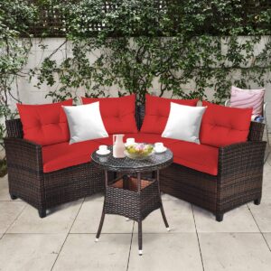 Tangkula 4-Piece Patio Furniture Set, C-Shape Outdoor Wicker Sectional Sofa Set, w/Cushions & Glass Coffee Table, Modern Deck Rattan Furniture for Garden Poolside Balcony (Red)