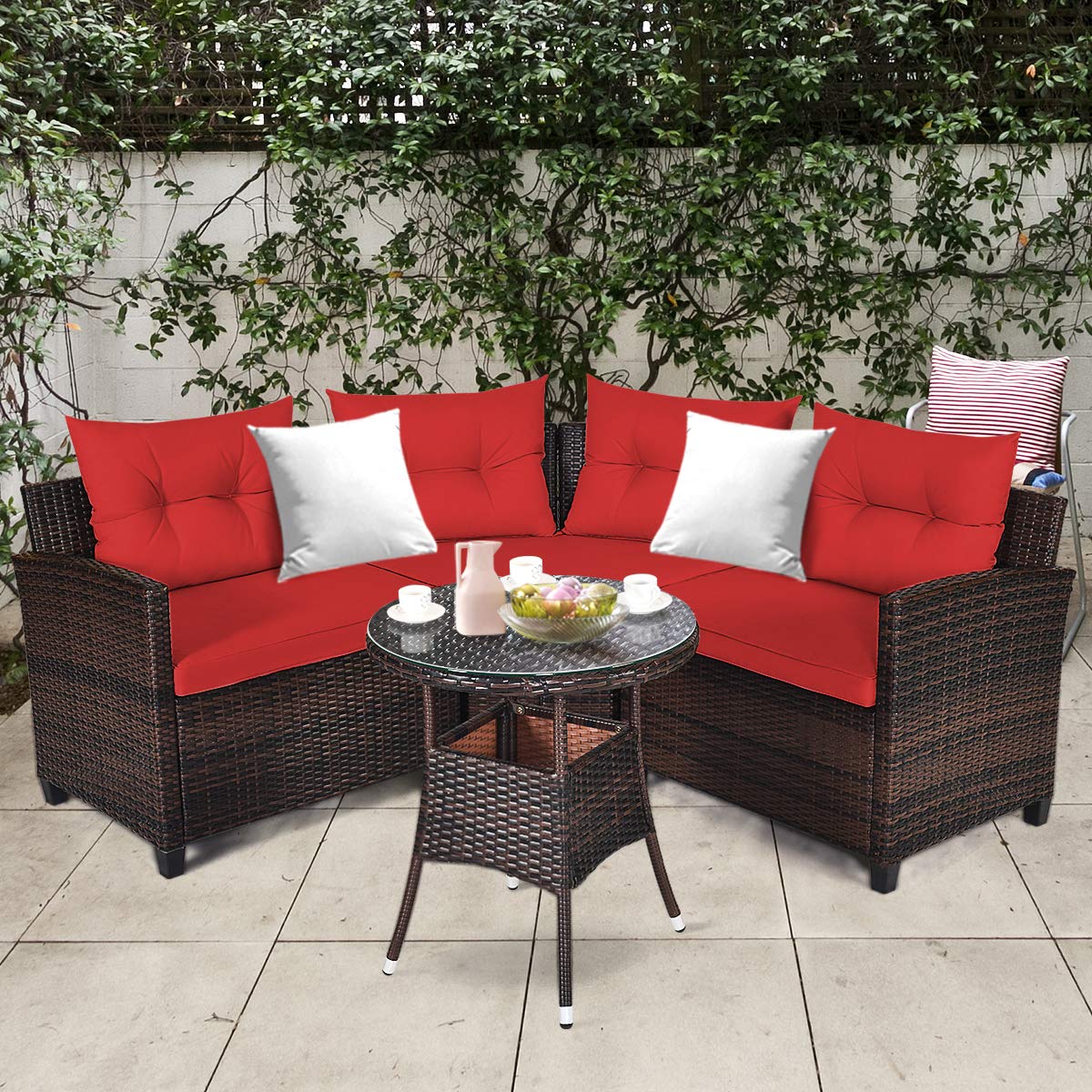 Tangkula 4-Piece Patio Furniture Set, C-Shape Outdoor Wicker Sectional Sofa Set, w/Cushions & Glass Coffee Table, Modern Deck Rattan Furniture for Garden Poolside Balcony (Red)