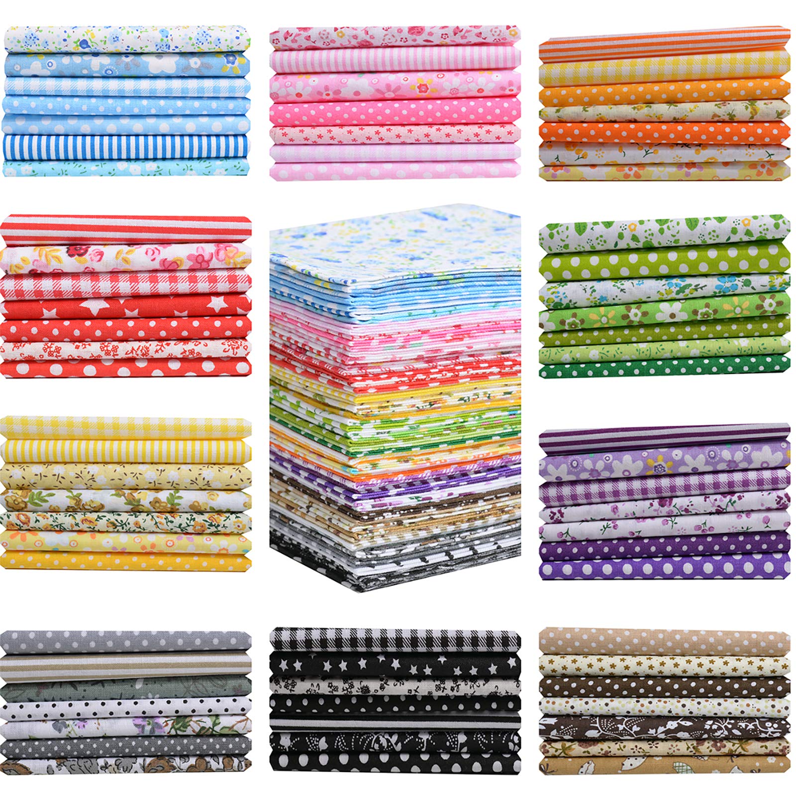 Pofik 70Pcs No Repeat Design Squares Quilting Fabric Bundles, 9.8"x9.8"(25x25cm) 100% Cotton Printed Floral Craft Fabric, Precut Multi-Color for Patchwork DIY Craft Sewing