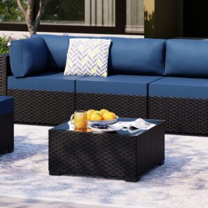 SUNLEI 7pcs Patio Conversation Sets Outdoor Furniture Sets, High Back All-Weather Rattan Sectional Sofa with Tea Table&Washable Couch Cushions(Black Rattan)（Blue）