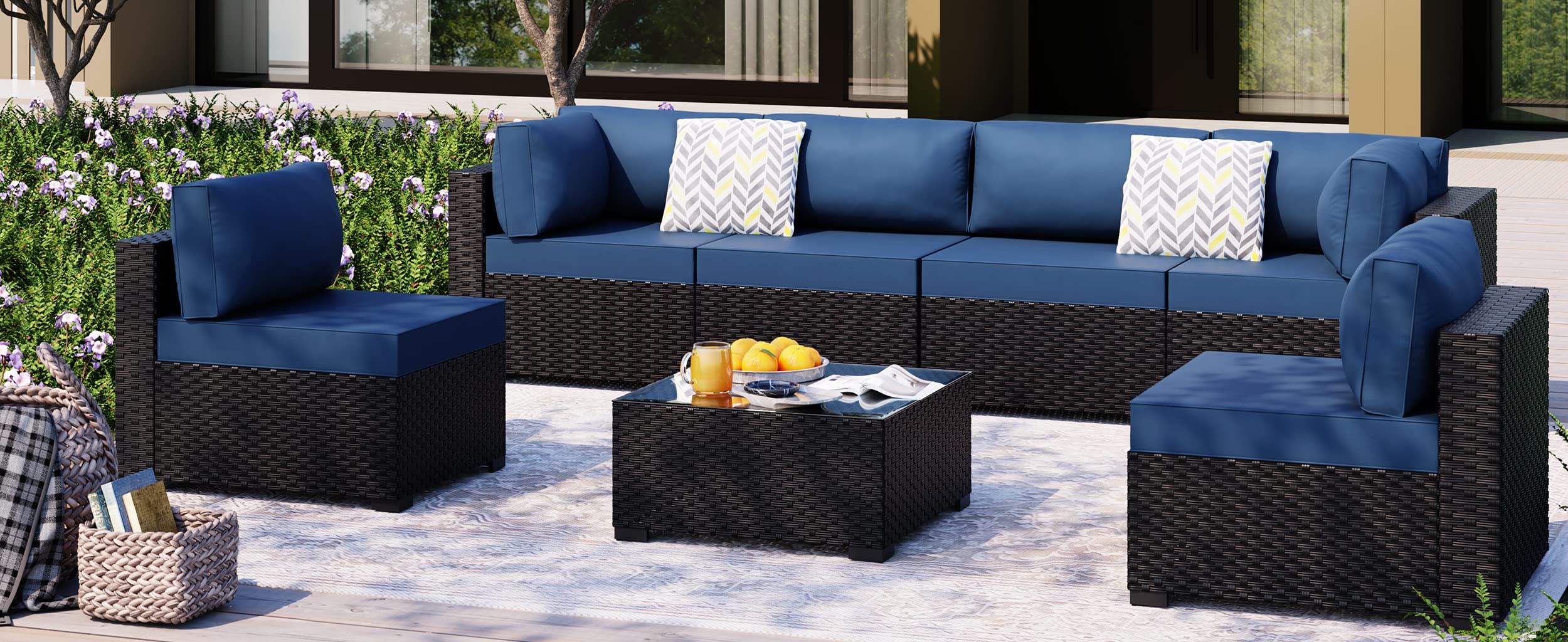 SUNLEI 7pcs Patio Conversation Sets Outdoor Furniture Sets, High Back All-Weather Rattan Sectional Sofa with Tea Table&Washable Couch Cushions(Black Rattan)（Blue）