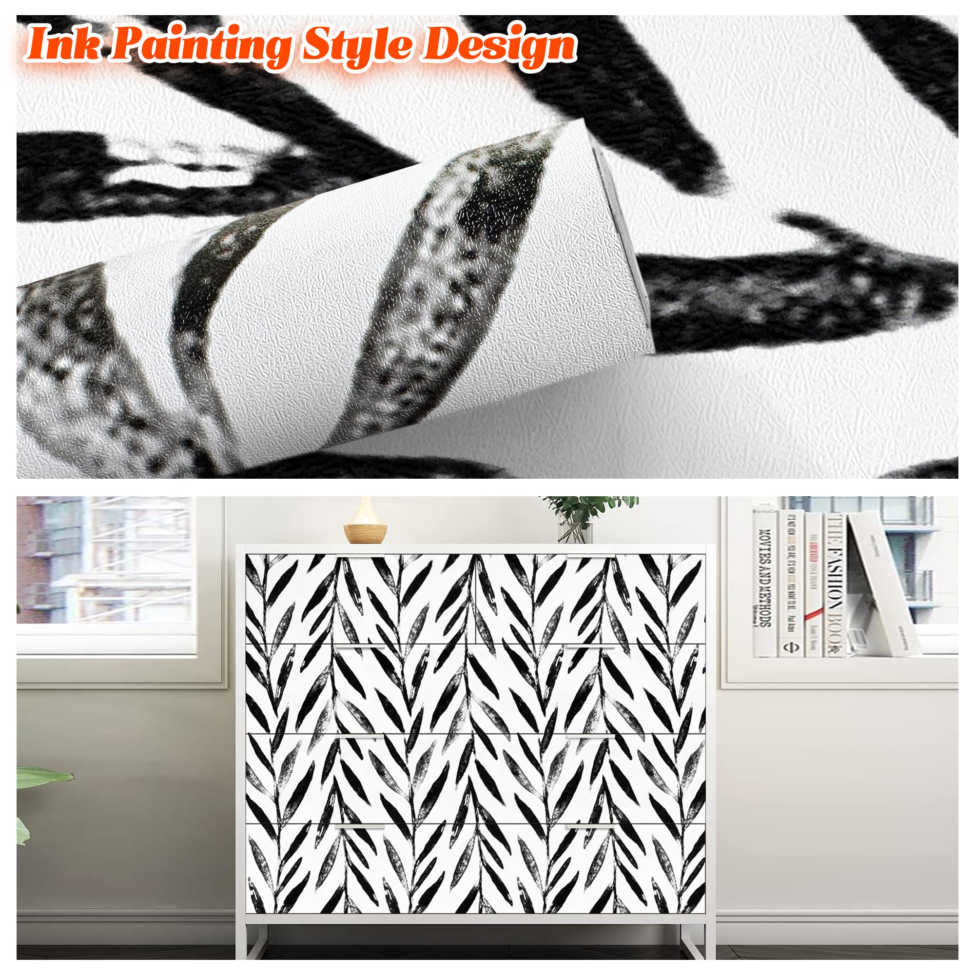 Wudnaye Black and White Peel and Stick Wallpaper Leaf Contact Paper 17.7 inch × 118.1 inch Black and White Contact Paper Peel and Stick Wallpaper for Bathroom Self Adhesive Decorative Wall Paper