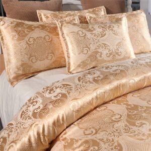 Dencalleus Jacquard Satin Duvet Cover 3 Piece Set Reversible Luxury Double Brushed Microfiber Ultra Soft King Size Silk Like Floral Bedding Comforter Covers Zipper Closure and 2 Pillow Shams Gold