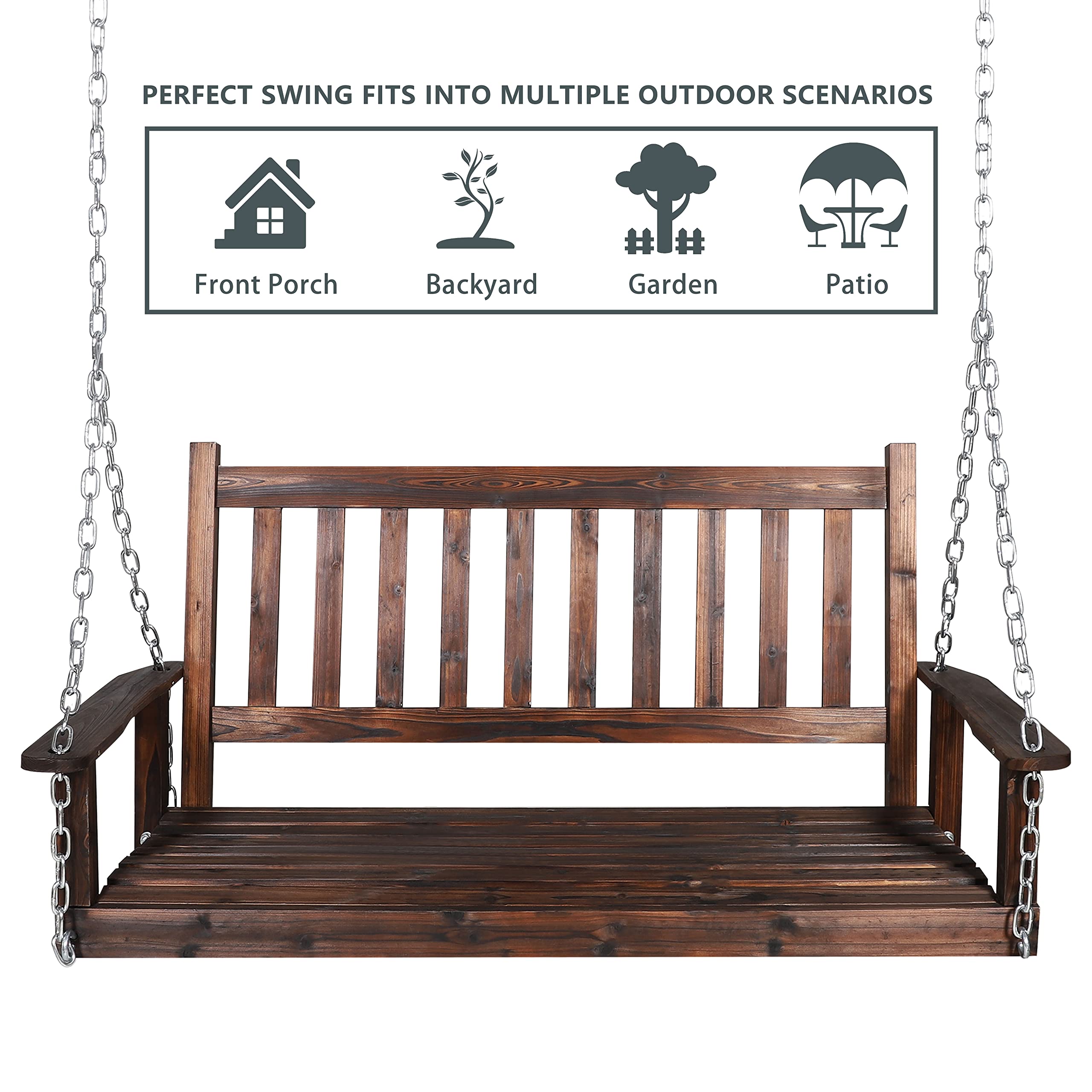 MUPATER Outdoor Patio Hanging Wooden Porch Swing 4FT with Chains, 2-Person Heavy Duty Swing Bench for Garden and Backyard, Black