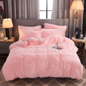 werdim shaggy fluffy faux fur duvet cover set button closure velvety bedding set comforter cover with pillowcases pink, queen size