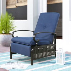 ulax furniture outdoor recliner adjustable metal patio reclining lounge recliner sofa chair with removable 100% olefin cushion (navy)