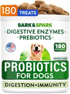 bark&spark dog probiotics & digestive enzymes (gut health) allergy & itchy skin - pet diarrhea gas treatment upset stomach relief, digestion health prebiotic supplement tummy treat (180ct chicken)