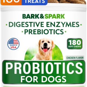 BARK&SPARK Dog Probiotics & Digestive Enzymes (Gut Health) Allergy & Itchy Skin - Pet Diarrhea Gas Treatment Upset Stomach Relief, Digestion Health Prebiotic Supplement Tummy Treat (180Ct Chicken)