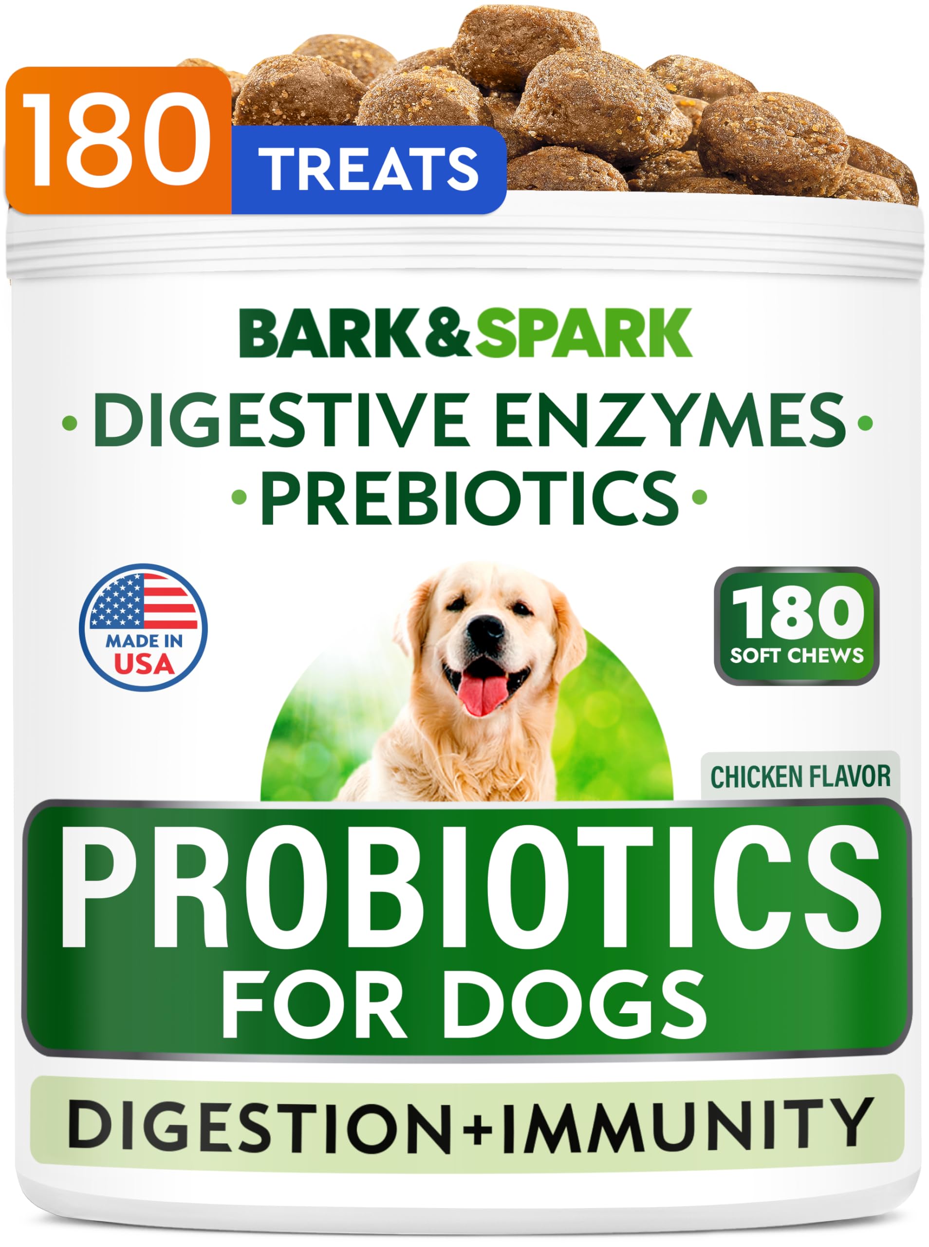 BARK&SPARK Dog Probiotics & Digestive Enzymes (Gut Health) Allergy & Itchy Skin - Pet Diarrhea Gas Treatment Upset Stomach Relief, Digestion Health Prebiotic Supplement Tummy Treat (180Ct Chicken)