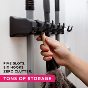 Berry Ave Broom Holder & Wall Mount Garden Tool Organizer- Kitchen, Closet, Garage & Laundry Room Storage w/ 5 Slots And 6 Hooks- Wall Holder For Broom, Rake & Mop Handles Up To 1.25” [Black, 4 Pack]