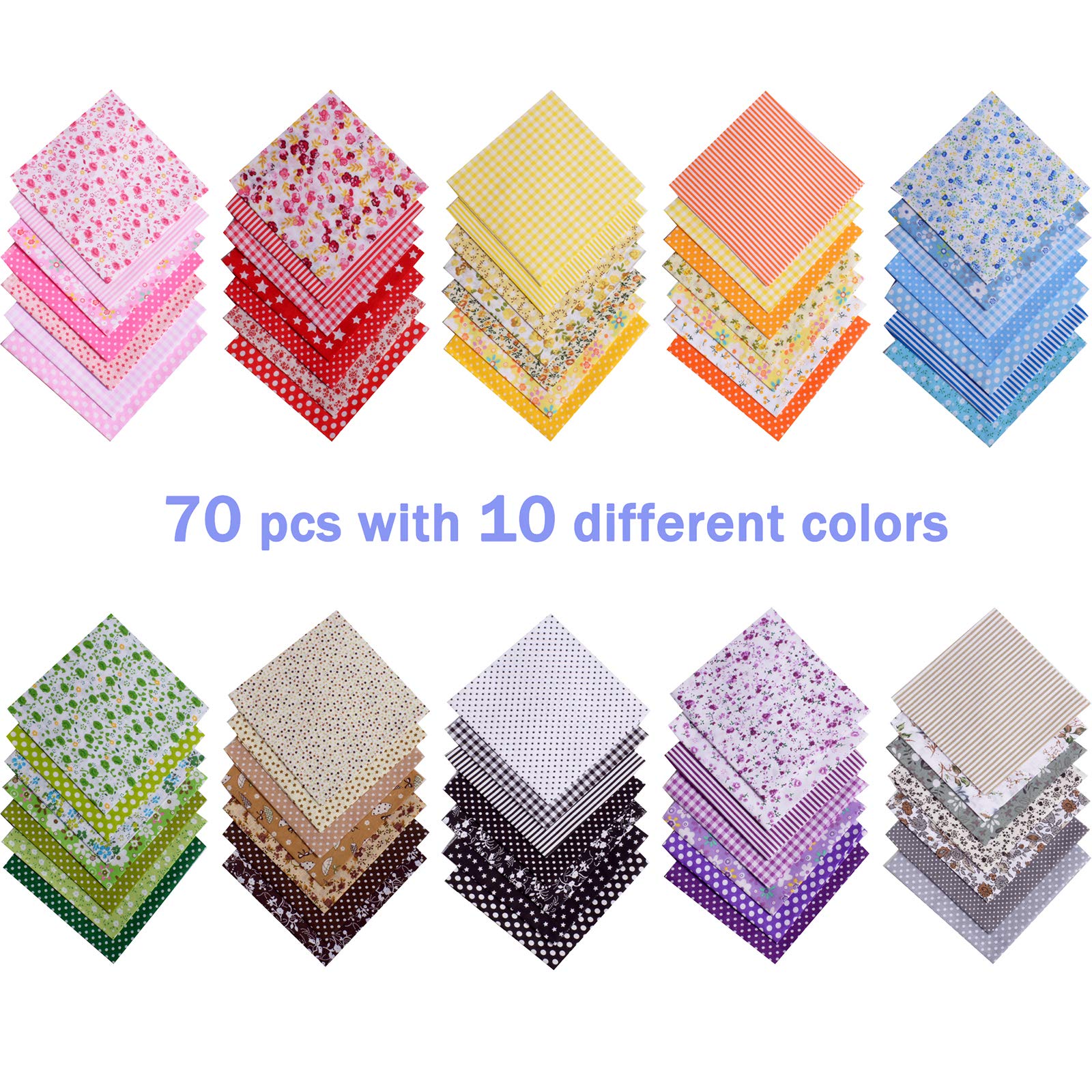 Pofik 70Pcs No Repeat Design Squares Quilting Fabric Bundles, 9.8"x9.8"(25x25cm) 100% Cotton Printed Floral Craft Fabric, Precut Multi-Color for Patchwork DIY Craft Sewing