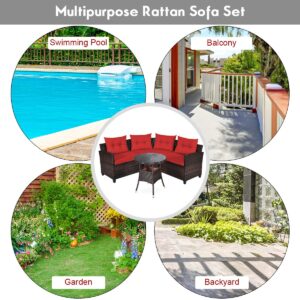 Tangkula 4-Piece Patio Furniture Set, C-Shape Outdoor Wicker Sectional Sofa Set, w/Cushions & Glass Coffee Table, Modern Deck Rattan Furniture for Garden Poolside Balcony (Red)