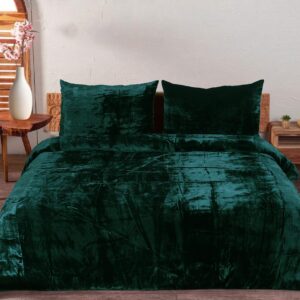 Sophia-Art 3 Pcs Ultra Luxury Rayon Velvet Bedding Boho Solid Duvet Cover UO Comforter Cover (Dark Green, King 90"x104")