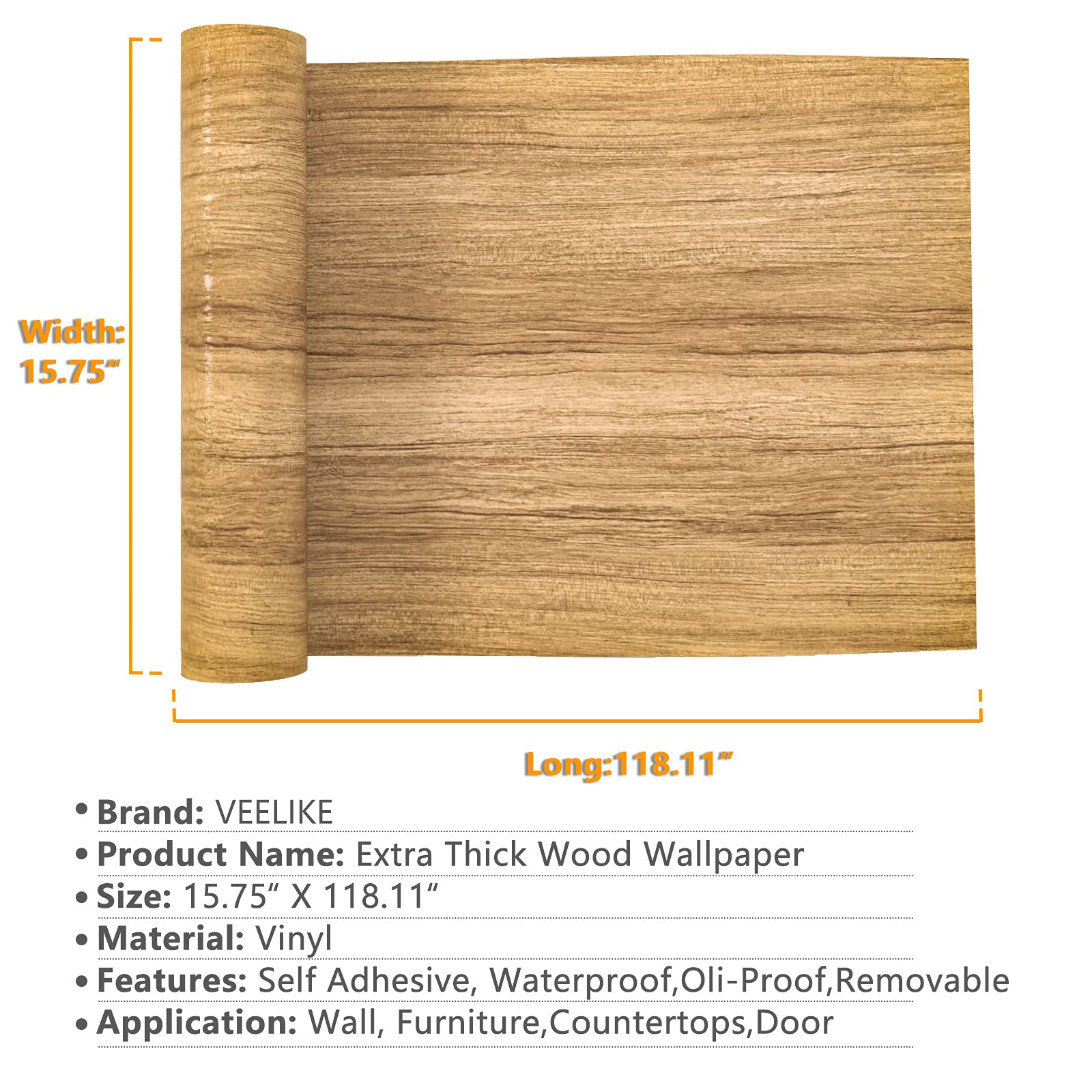 VEELIKE 15.7''x118'' Brown Wood Wallpaper Waterproof Peel and Stick Wood Vinyl Film Self Adhesive Removable Wood Grain Contact Paper Decorative Wall Covering for Cabinets Countertops Furniture Bedroom