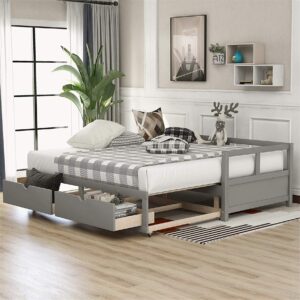 meritline daybed frame with two storage drawers, twin to king daybed extendable design,wooden sofa bed for bedroom living room,grey