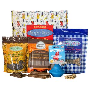 naughty spotty dog treat box with ufo-shaped treat dispenser, usa-made treats & dental chews, for small (blueberry peanut butter, pumpkin & duck flavor).