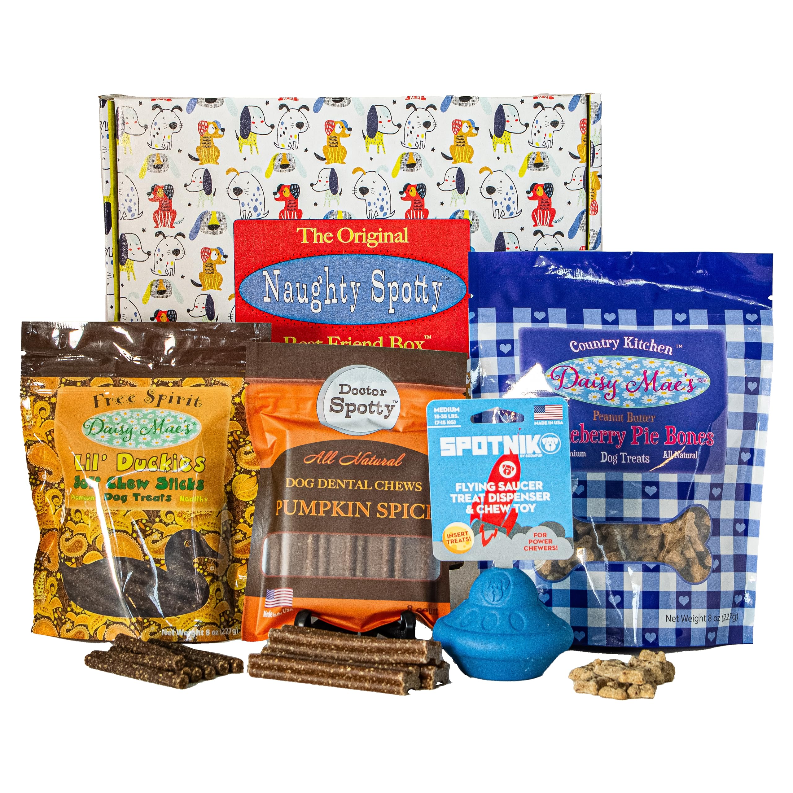 Naughty Spotty Dog Treat Box with UFO-Shaped Treat Dispenser, USA-Made Treats & Dental Chews, for Small (Blueberry Peanut Butter, Pumpkin & Duck Flavor).