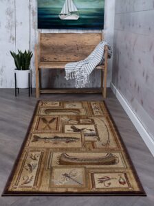 trout fishing ivory 3x8 runner area rug cabin for hallway, walkway, entryway, or foyer - novelty, lodge