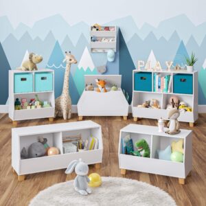 RiverRidge Kids Bookshelf Toy Storage Organizer with 2 Cubbies & Spacious Bin White Playroom Toy Organizer and Cubby Storage