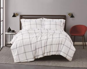 truly soft everyday king 3-piece microfiber duvet cover + sham set - printed windowpane collection - white/grey