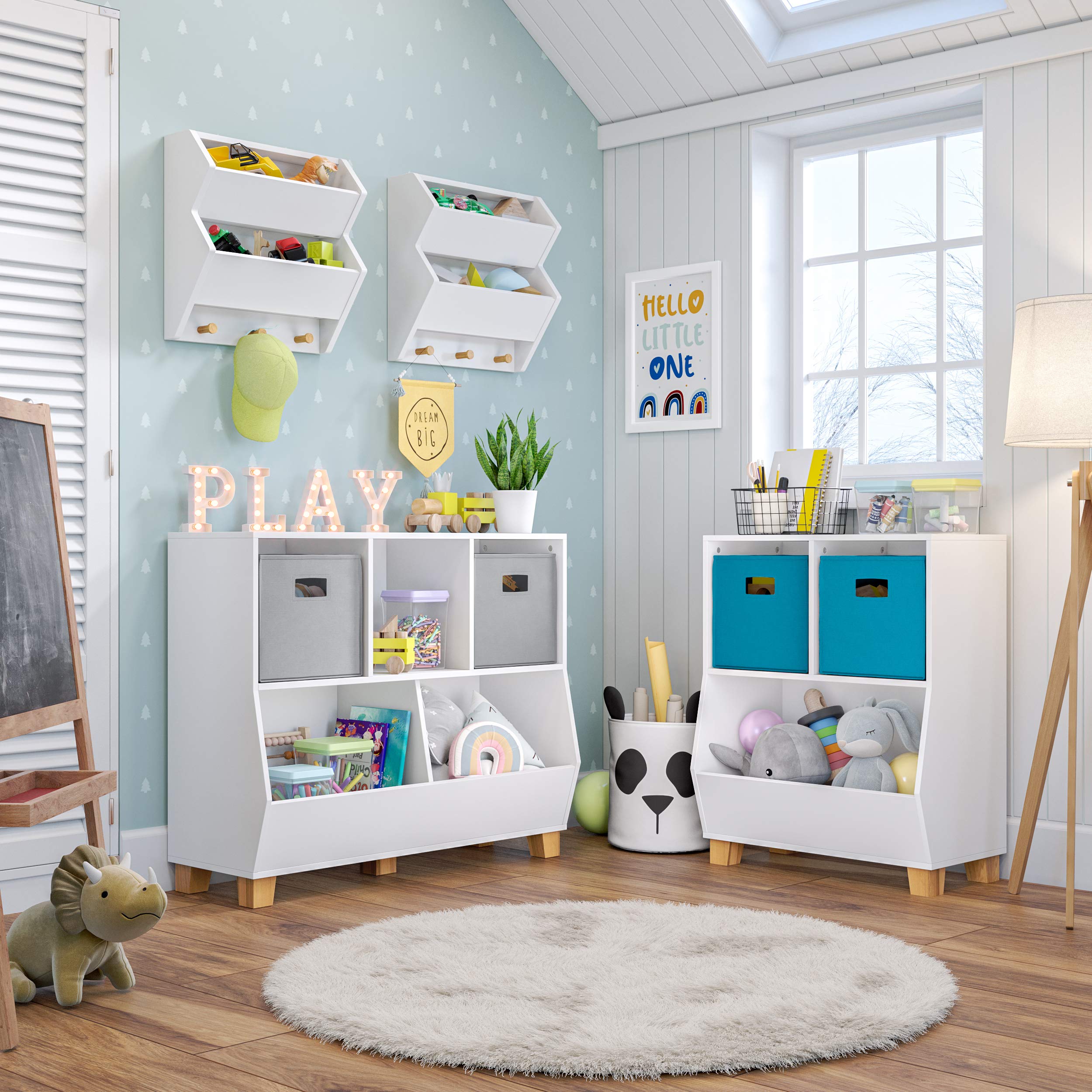 RiverRidge Kids Bookshelf Toy Storage Organizer with 2 Cubbies & Spacious Bin White Playroom Toy Organizer and Cubby Storage