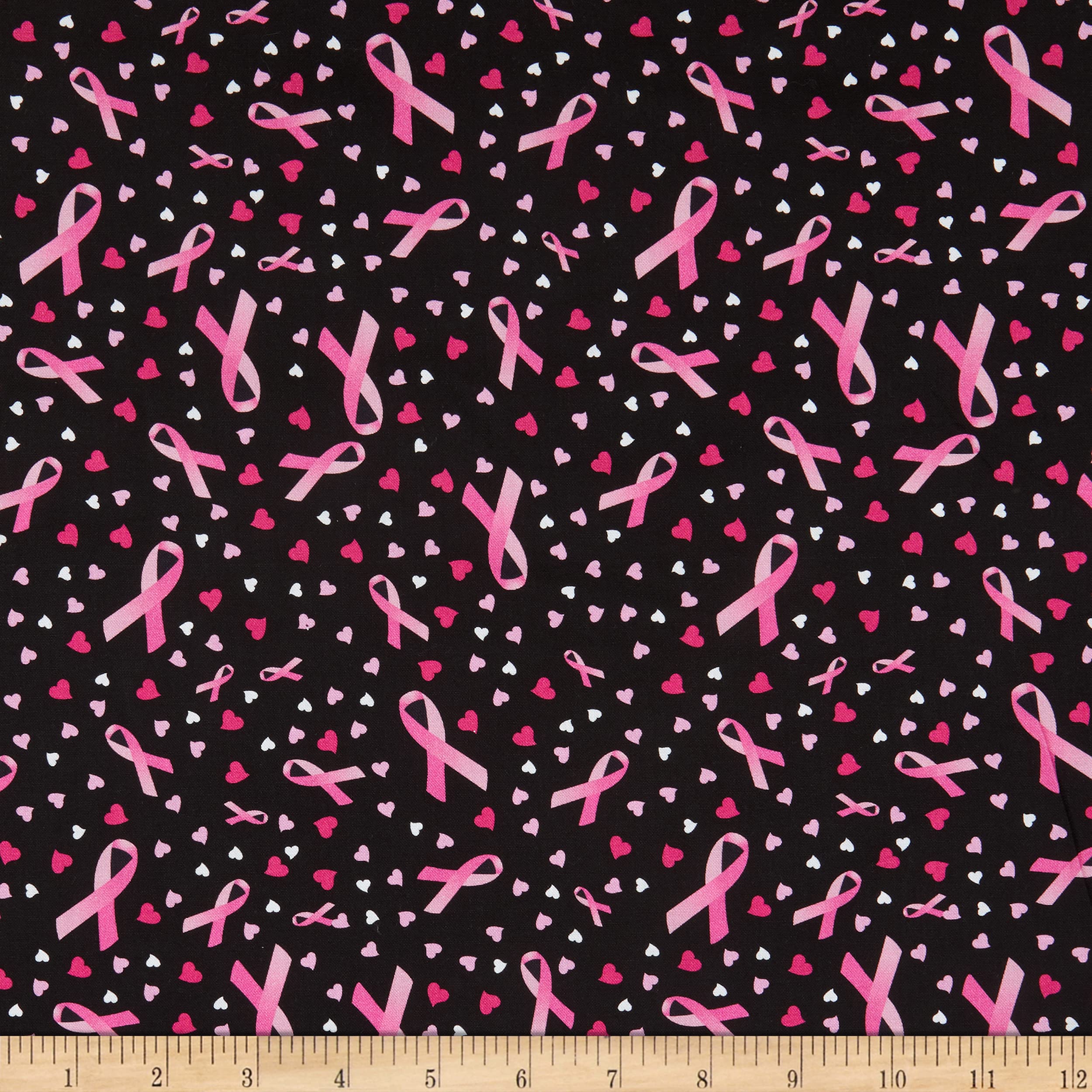 Cotton Cancer Awareness Pink Ribbon Hearts Black/Pink Fabric by The Yard