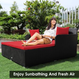 Tangkula Outdoor Rattan Daybed, Sunbed Wicker Furniture w/Spacious Seat, Upholstered Cushion & High-Resilience Sponge, Wicker Patio Sofa Set w/Extra Pillows for Courtyard Poolside(Red)