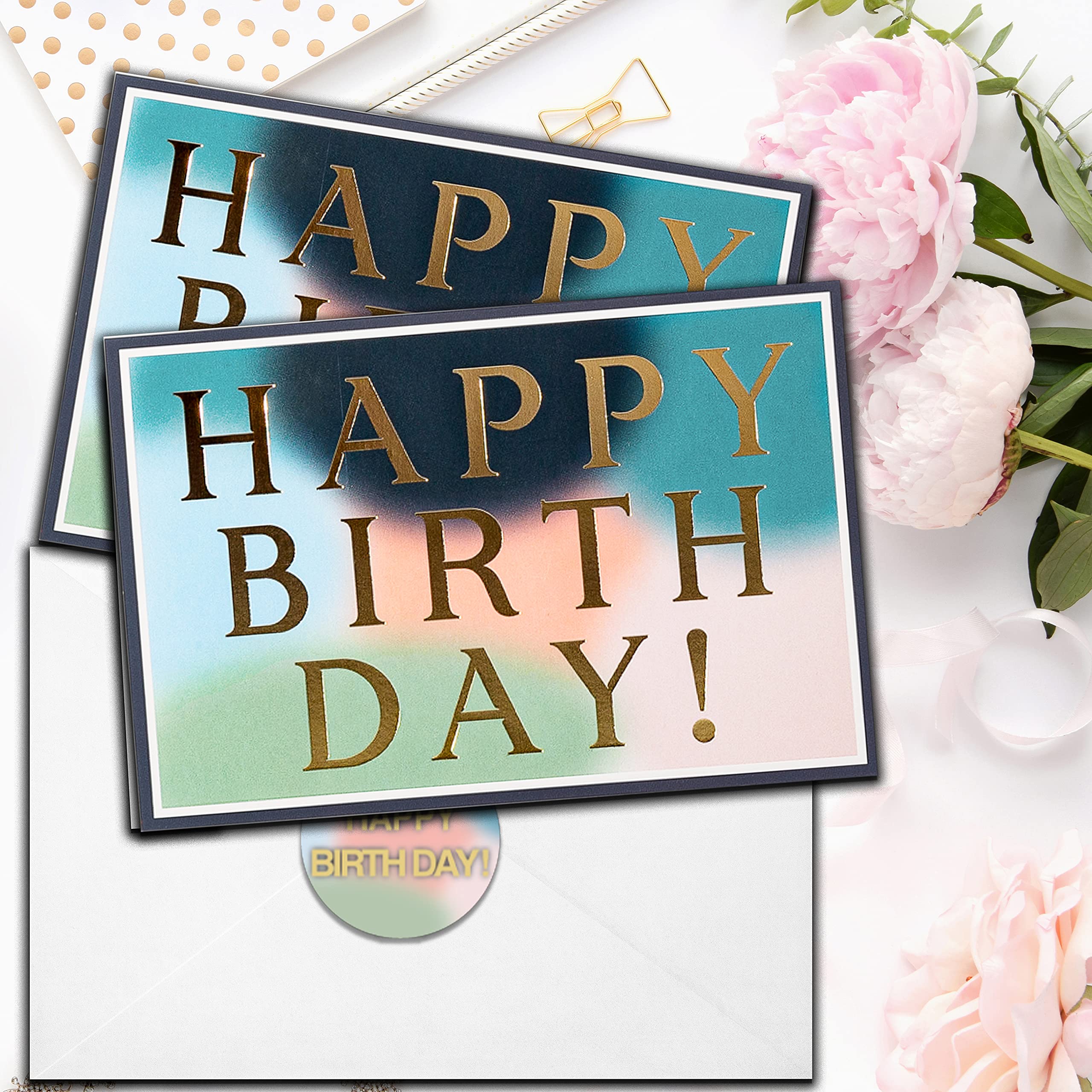 smart scribbles Happy Birthday Cards - 48 assortment Birthday Cards with Envelopes and Stickers - 4x6 Birthday Cards with Gold Foil - 6 Cards and 6 Stickers of Each Design - Total of 48