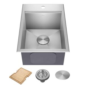 kraus kore 15-inch drop in/top mount workstation 16 gauge single bowl stainless steel bar kitchen sink with accessories, kwt311-15