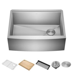 kraus kore 27-inch farmhouse workstation 16 gauge single bowl stainless steel kitchen sink with accessories, kwf210-27