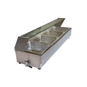 INTBUYING Food Soup Warmer Stove Bain Marie Commercial Canteen Buffet Steam Heater 12''x8.7''x4'' Pan With glass shield (4-pan single-row with transparent lid)