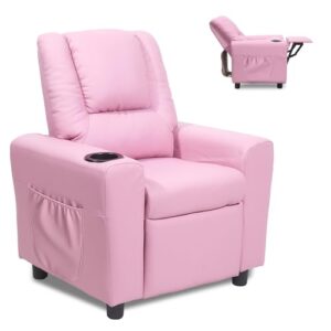 hzlagm kids recliner chair with cup holder, toddler recliners for kids age 0-5 with side pockets and non-slip footstool, child recliners for girls boys kids room, children's rooms, pink