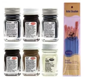 make your day testors black enamel paint variety, flat black, gloss black, semi-gloss black, black metallic, flat rubber, and thinner 1/4 fl oz (pack of 11) brushes