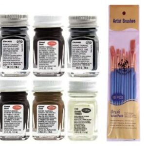 Make Your Day Testors Black Enamel Paint Variety, Flat Black, Gloss Black, Semi-Gloss Black, Black Metallic, Flat Rubber, and Thinner 1/4 fl oz (Pack of 11) Brushes